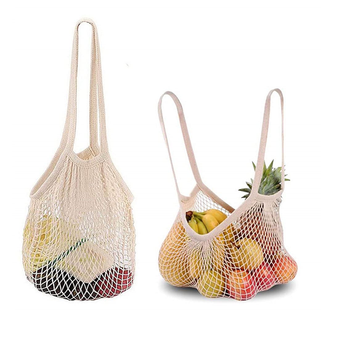 Cotton String Shopping Bags Reusable Washable Grocery Mesh Bags Organizer for Grocery Net Bags with Longhandle for Fruit Vegetable Storage, 6 Pack