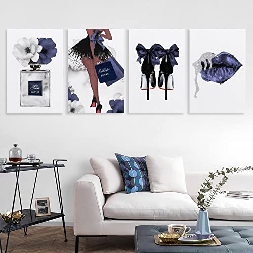Yamaxun ART Fashion Art Blue Silver Prints Illustration African American Gray Navy Perfume Dripping Lips High Heels Wall Art Decor Set of
