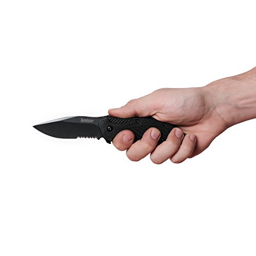 Kershaw Clash Black Serrated Pocketknife, 3" 8Cr13MoV Steel Drop Point Blade, Assisted One-Handed Flipper Opening, Folding Utility EDC