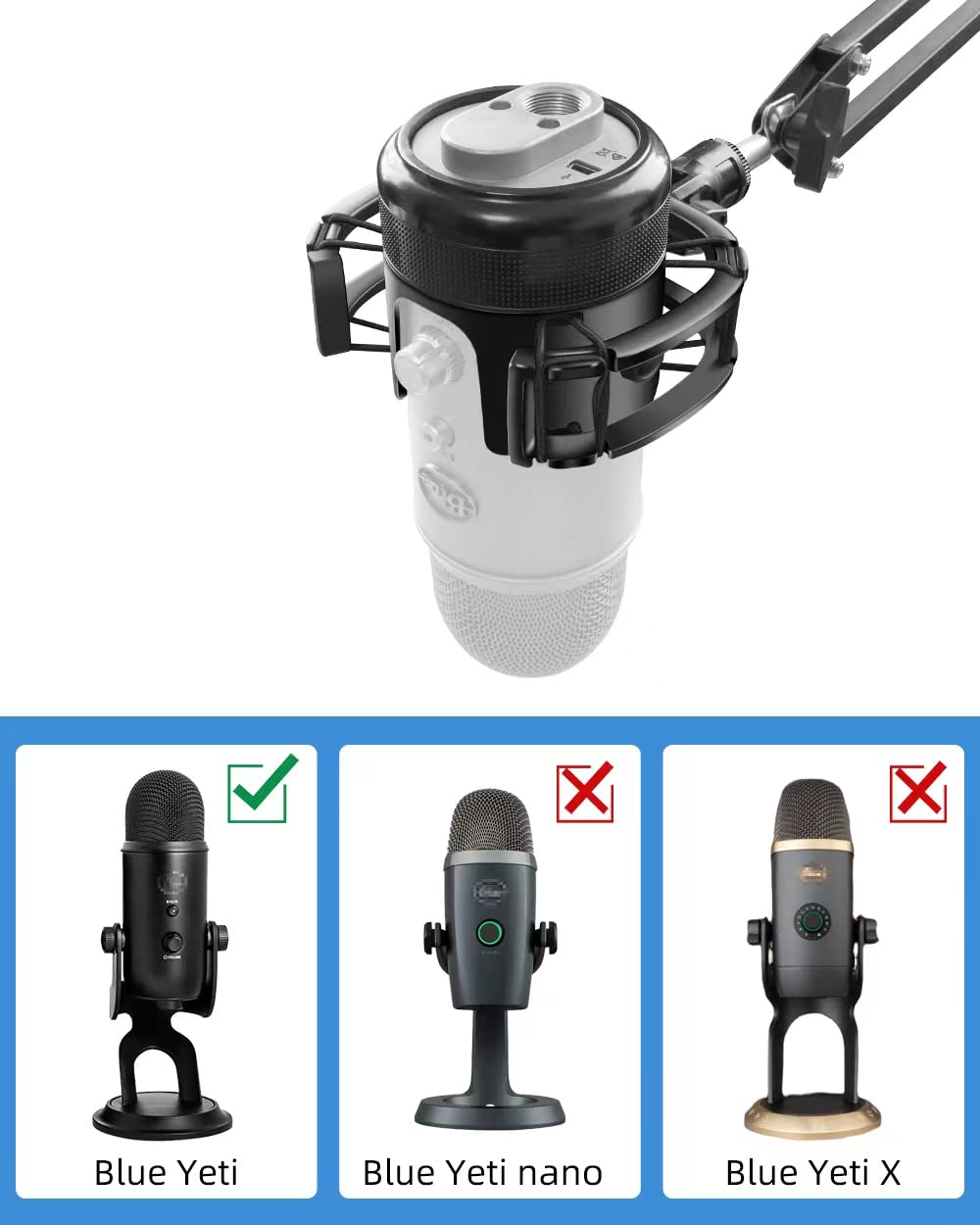 Borenbuir [Newest &Ultra-Durable] Microphone Shock Mount with Pop Filter [Custom Built for Blue yeti Mic] Anti-Vibration Suspension Shock Mount Holder Clip Compatible with Blue Yeti Microphones