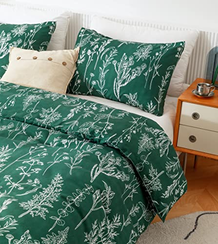 JANZAA Duvet Cover Queen Size,3 Pieces Floral Emerald, Botanical Green Duvet Cover,Microfiber Soft Bedding Set with Zipper Closure 4 Ties (2 Pillow Cases)