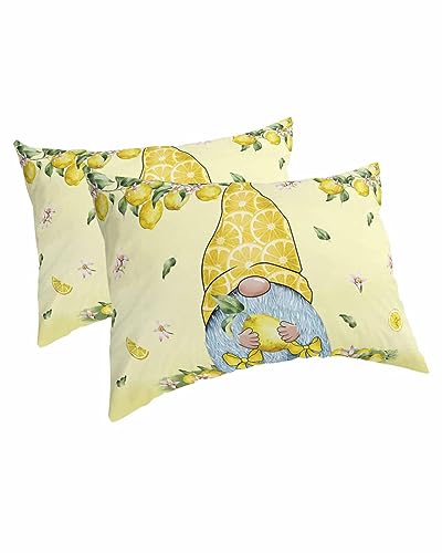 Edwiinsa Summer Lemon Pillow Covers Queen Size Set of 2 20x30 Bed Pillow, Spring Floral Gnomes Rustic Yellow Plush Soft Comfort for Hair/Skin Cooling Pillowcases with Envelop Closure