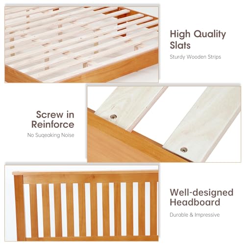 BORGEBY Wood Platform Bed Frame with Wood Headboard, Wooden Bed Frames,King Bed Frame Wood Slats Support, Solid Wood Foundation, No Box Spring Needed, Easy Assembly, Brown
