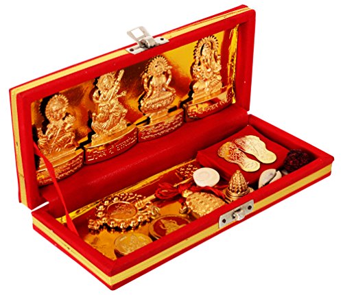 KESAR ZEMS Zinc Dhan Laxmi Kuber Bhandari Yantra Set (20 cm x 8 cm x 4 cm, Golden, Pack of 14 Items)
