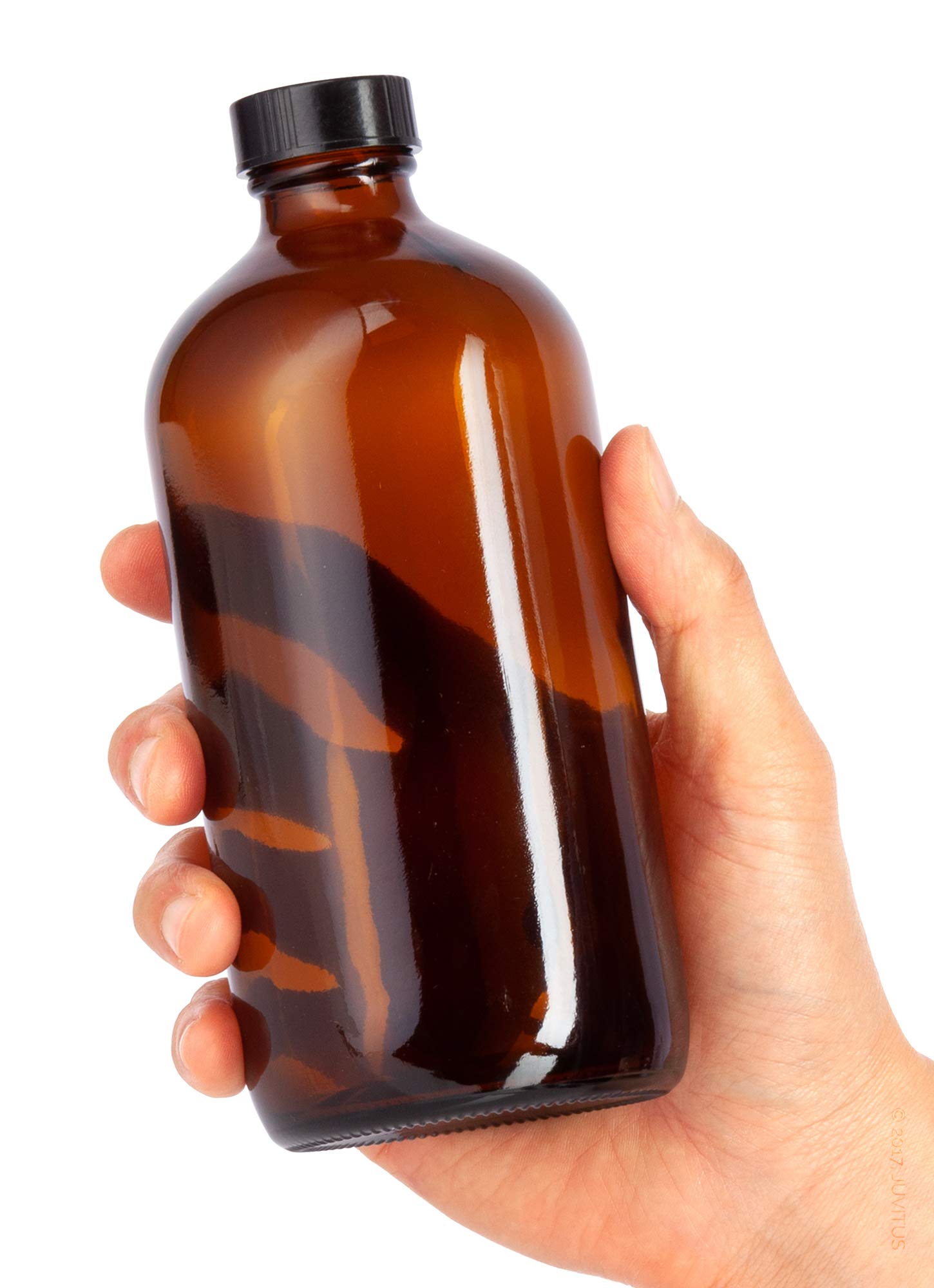 JUVITUS 16 oz Amber Glass Boston Round Bottle with Airtight Black Phenolic Cap (2 Pack)