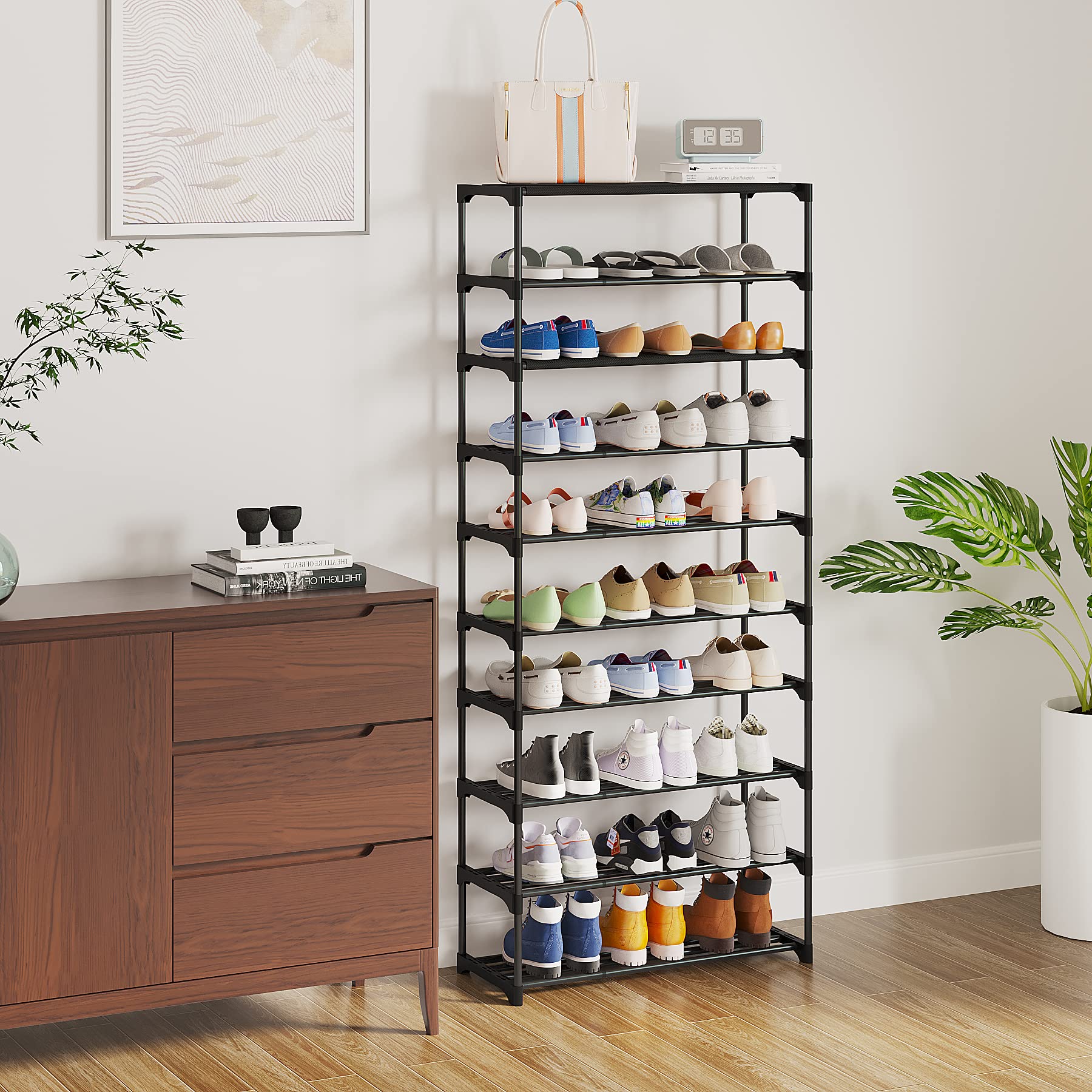 Calmootey 10-Tier Shoe Rack,Shoe Shelf Storage Organizer,Entryway,Bedroom,Black