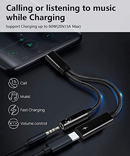 Samsung Galaxy S23 Ultra Headphone Adapter, 2 in 1 USB C to 3.5mm Headphone Jack Hi-Res DAC and Safe PD 60W Fast Charging Dongle Cord Compatible Google Pixel 6 5 4 XL, Galaxy 23/S22/S21/S21+, Note 20