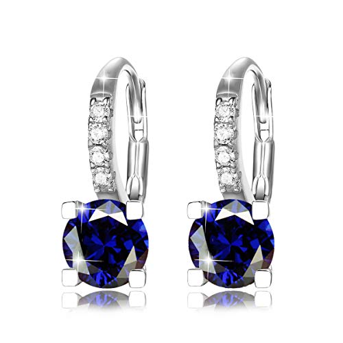 CACESTONE Created Blue Sapphire Earrings Cubic Zirconia Sterling Silver Gemstone Hoop Dangle Earrings for Women Anniversary Birthday Gift September Birthstone Earrings