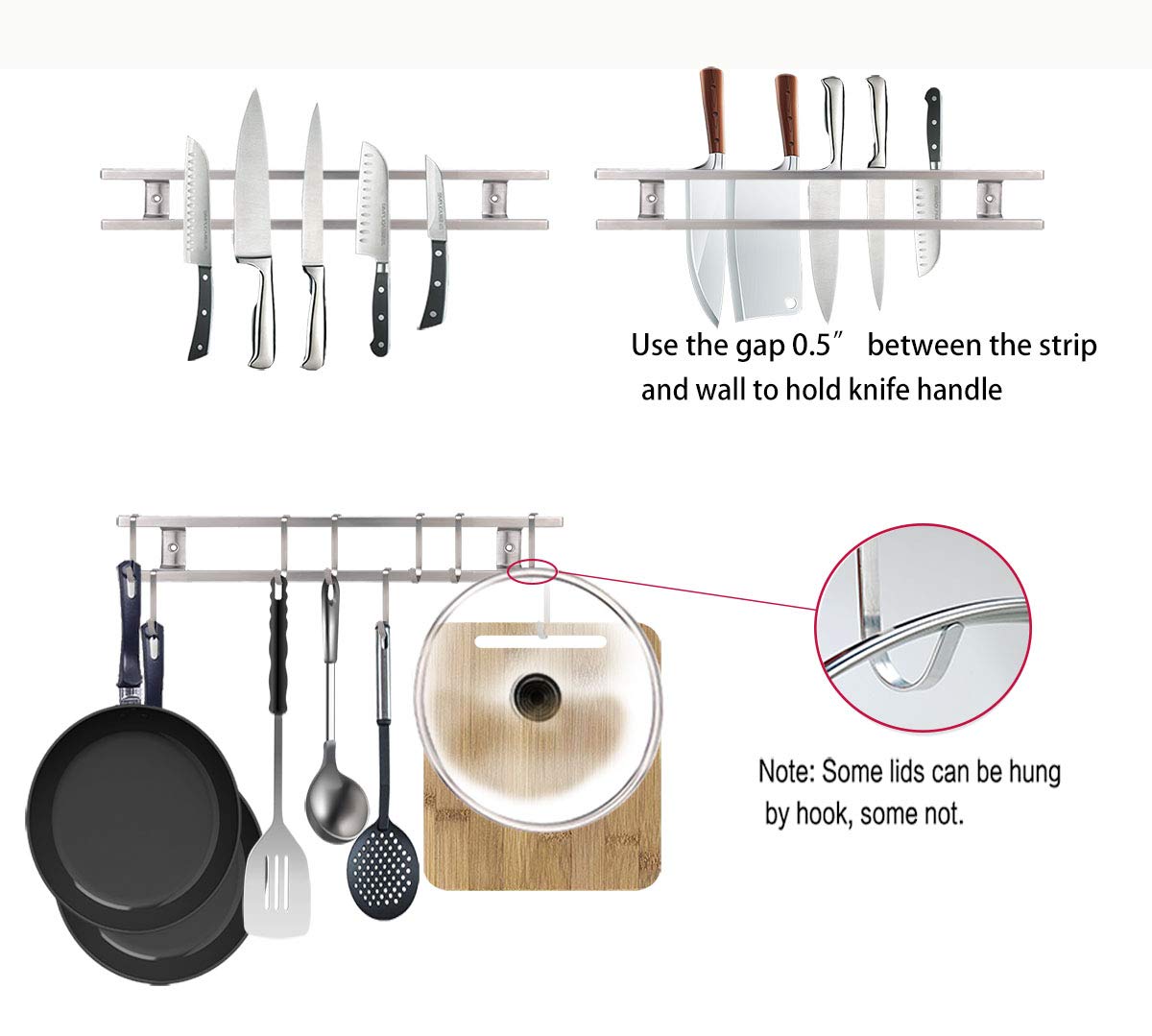 Borju 18 Inch Stainless Steel Magnetic Knife Strip, with 8 Removable Square Hooks, Multi-Use as Knife Holder, Utensil Rack, Cookware Rack, Cutting Board Rack, Space Saving Organizer for Kitchen