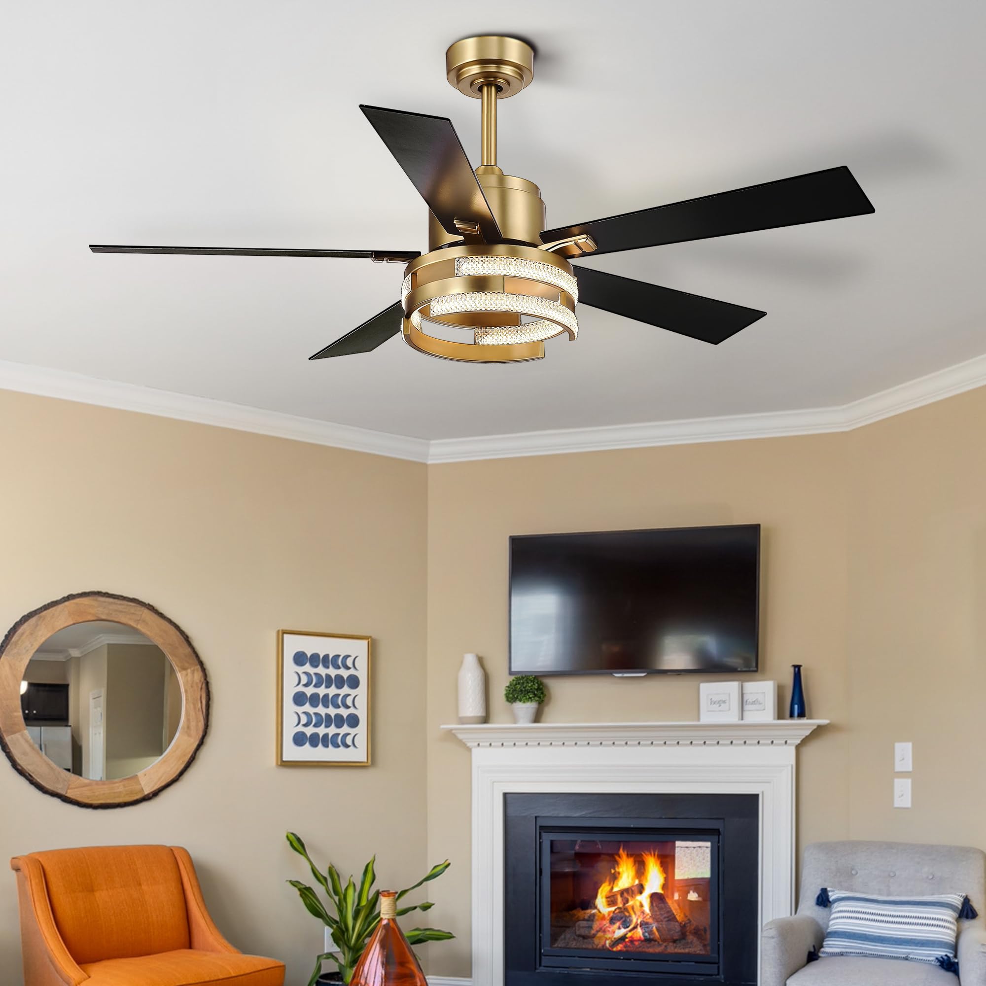 Breezary Ceiling Fans with Lights, 52 inch 5 Blade Industrial Gold Ceiling Fan Remote Control, Reversible AC Motor, Caged Light Fixture Chandelier for Bedroom