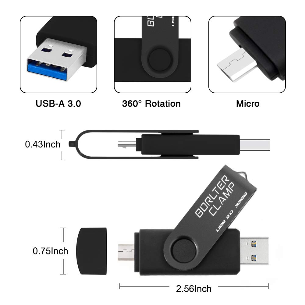 BorlterClamp 32GB USB 3.0 Flash Drive Dual Port Memory Stick, OTG Thumb Drive with Micro USB Drive Port for Android Smartphone Tablet & Computer (Black)