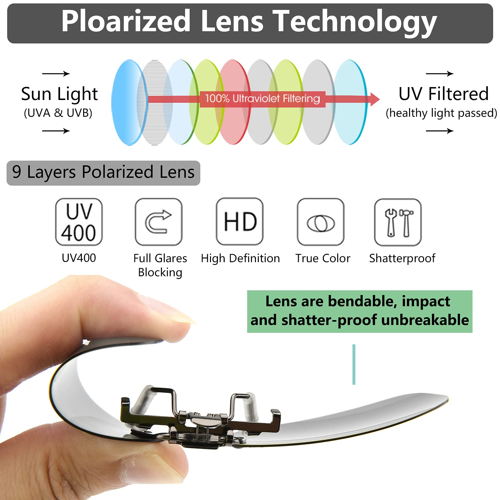 CAXMAN Polarized Clip On Sunglasses Over Prescription Glasses or Reading Glasses for Men Women Flip Up Rimless Rectangle Lens Cover Eyeglasses, Grey Lens, 60 * 42mm
