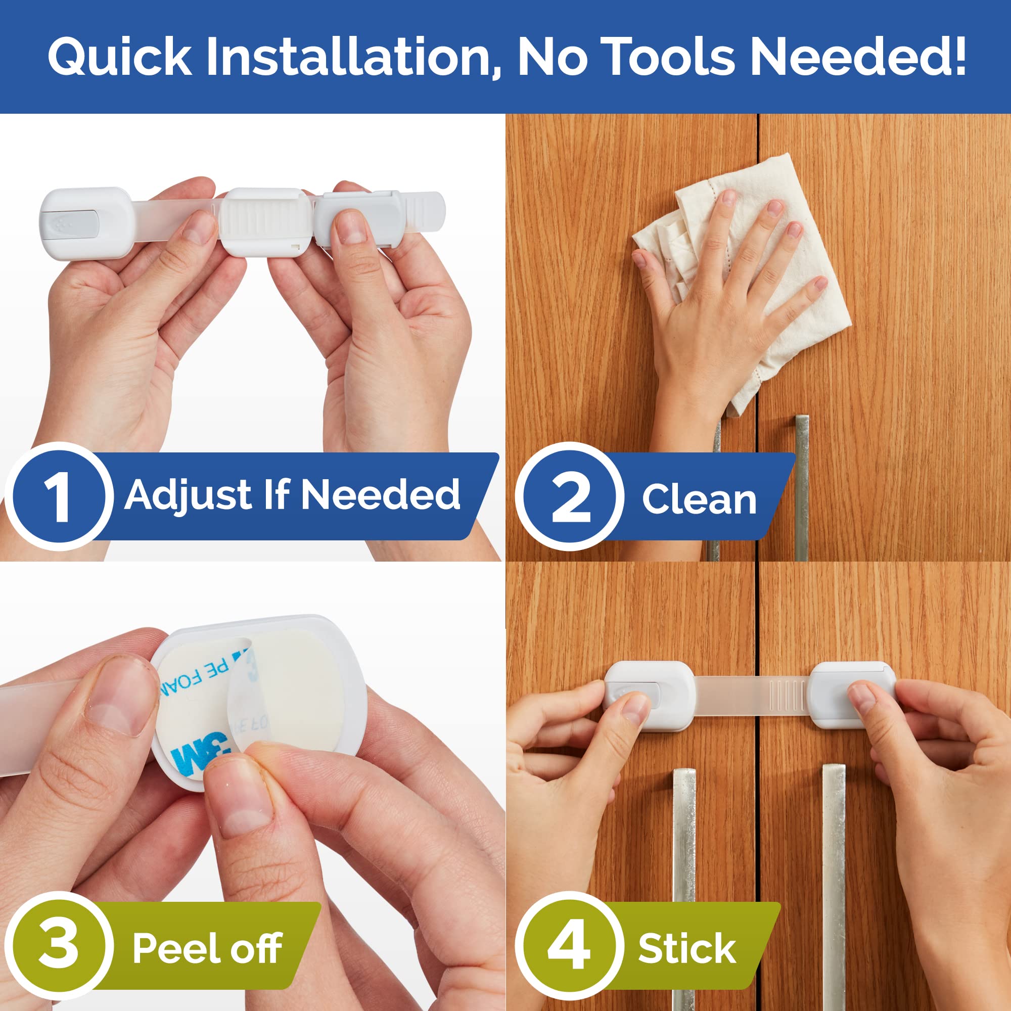 Child Safety Strap Locks (4-Pack) Baby Locks for Cabinets and Drawers, Toilet, Fridge & More. 3M Adhesive Pads. Easy Installation. (White)