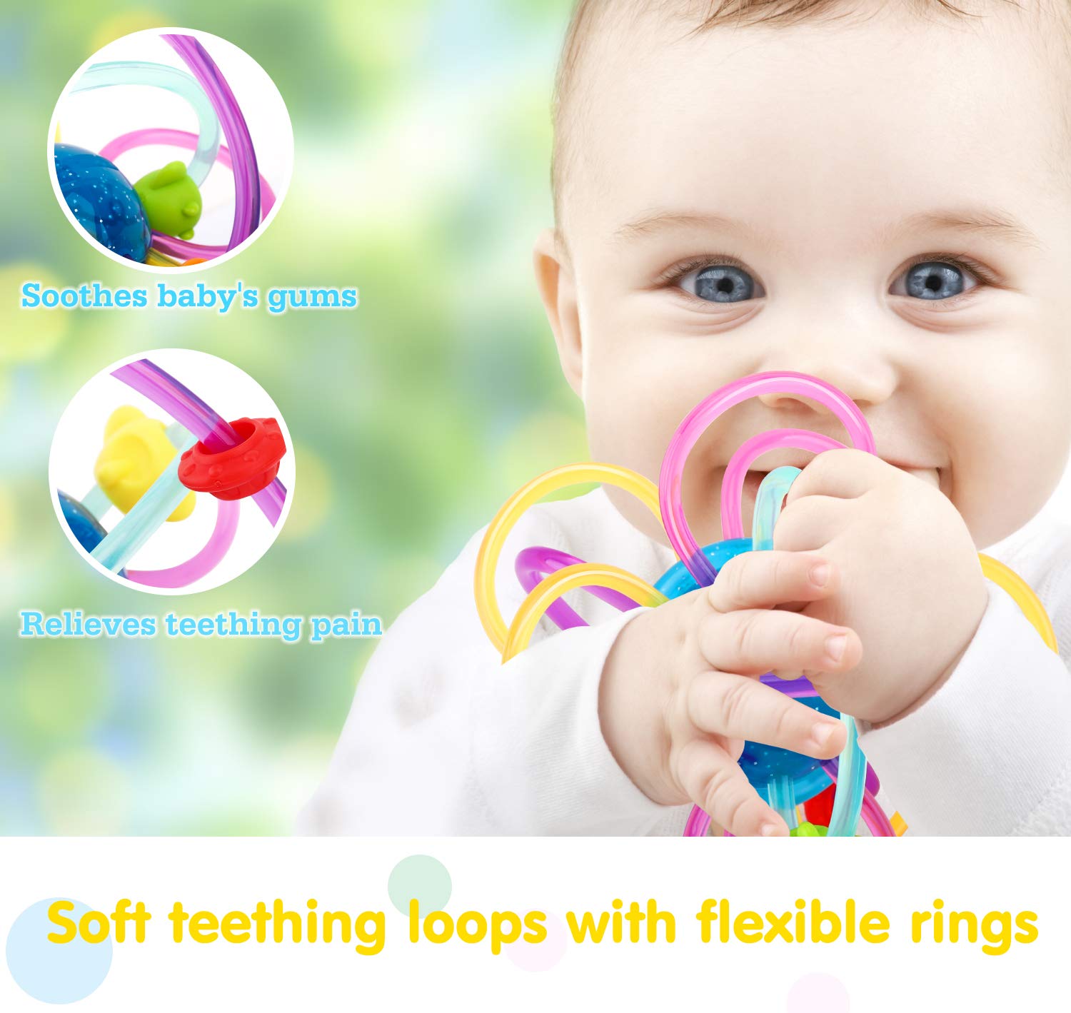 Zooawa Baby Teether, Soft Rattle and Sensory Ball Teething Toy for Pain Relief, BPA-Free Teether Ball Rattle Toy for Infants and Toddlers All Ages, Easy to Hold, Translucent