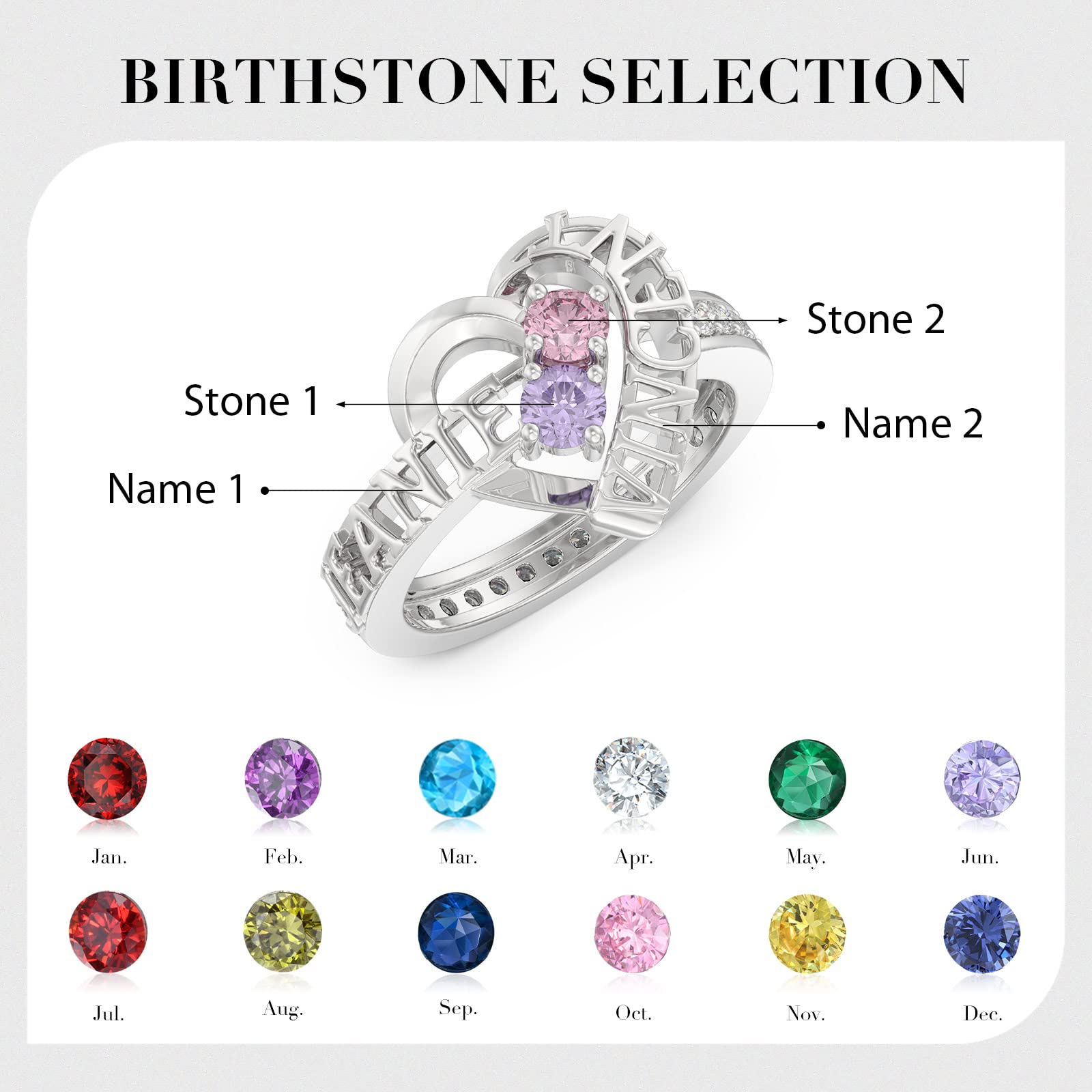 Custom Name Ring Creative 3D 925 Sterling Silver Birthstone Rings for Women Mother Dainty Bride Engagement Ring Personalized Promise Rings for Her (2 names)