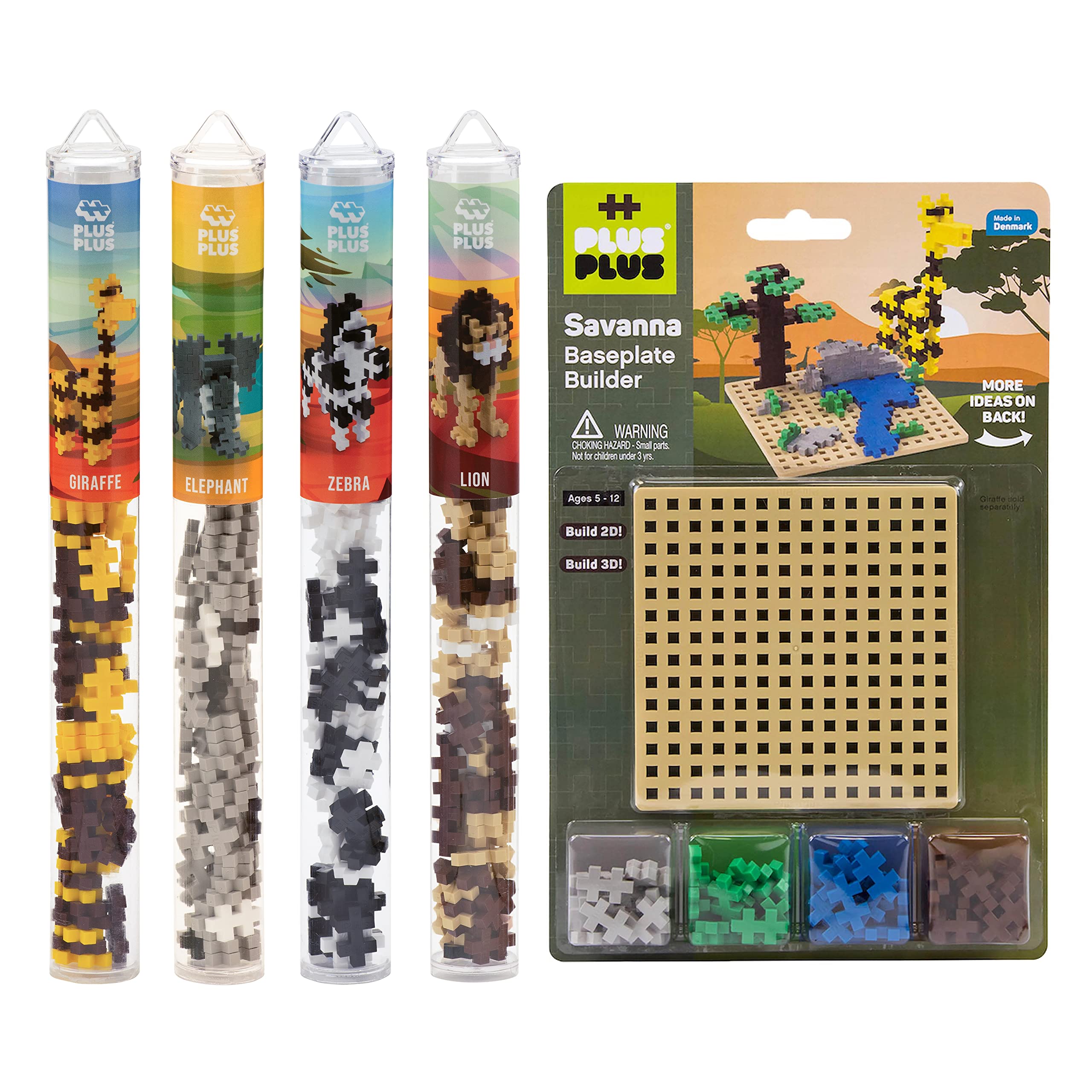 PLUS PLUS - Safari 5 Piece Playset Bundle, Baseplate & 70 Piece Tubes - Construction Building Stem/Steam Toy, Interlocking Mini Puzzle Blocks for Kids