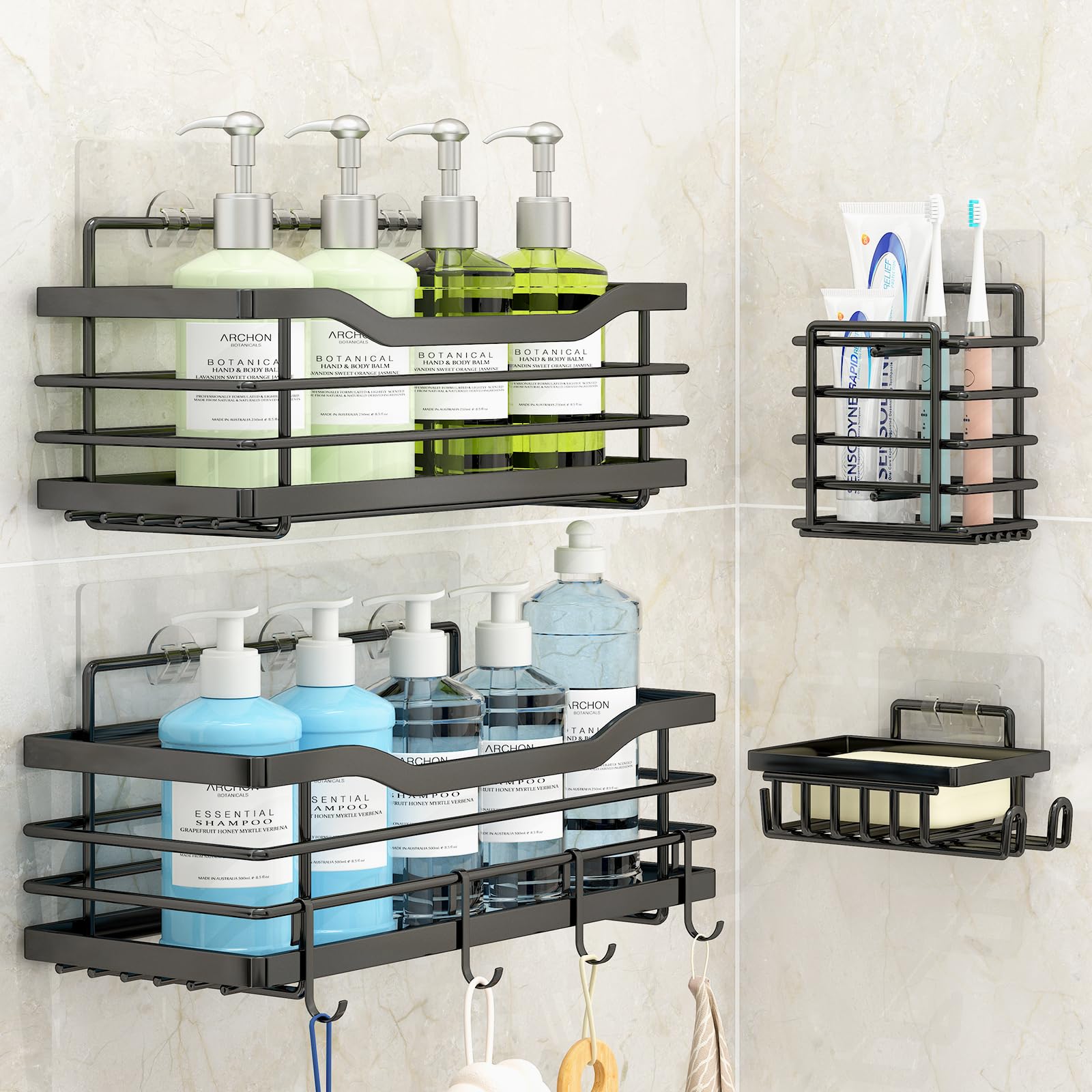 BOROY Bathroom Organizer, 4 Pack No Drilling Shower Caddy with Hooks, Wall Mout Rustproof Stainless Steel Storage Basket for Shower Room, Dorm and Kitchen