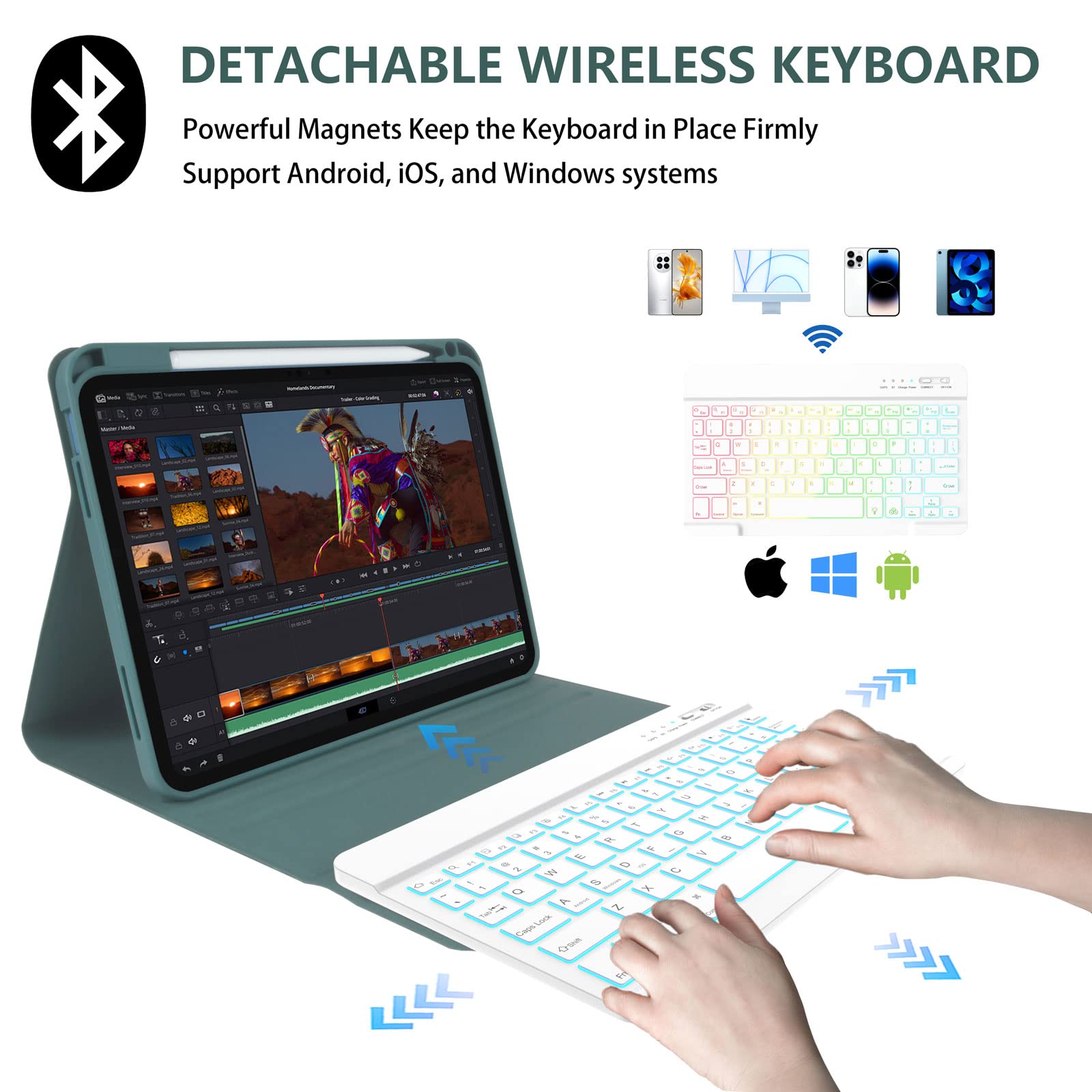 COO 10th Generation Case with Keyboard (10.9 inch, 2022), 7 Color Backlit Keyboard Case for 10th Generation, Folio Stand Case for 10th Gen with Detachable Keyboard&Pencil Holder (Green)