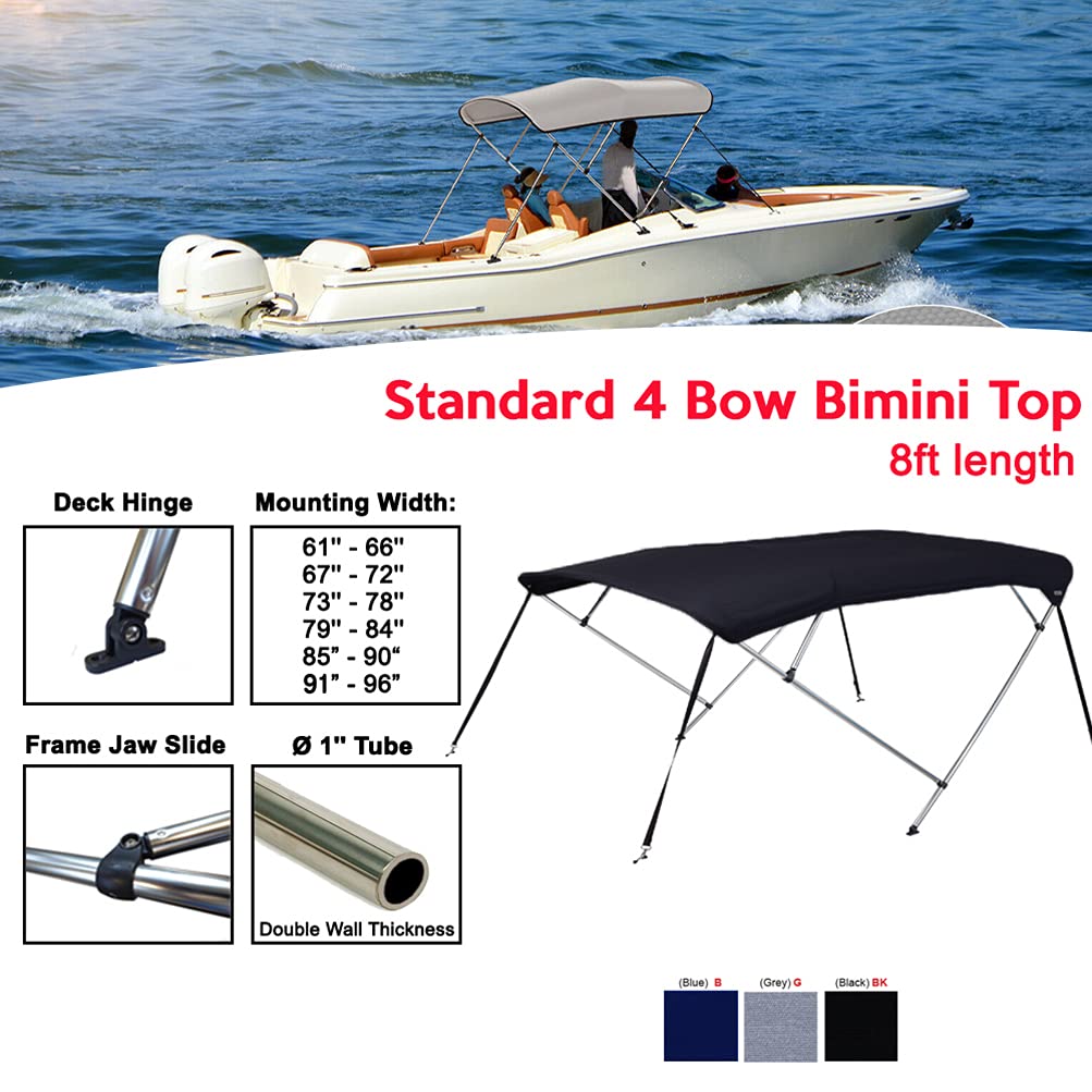 cciyu 4 Bow Bimini Boat Top Cover with Rear Support Pole and Storage Boot, Color Grey, Black, Blue, Available (Black, 4 Bow 8(ft) L x 54(inch) H x 79-84(inch) W)