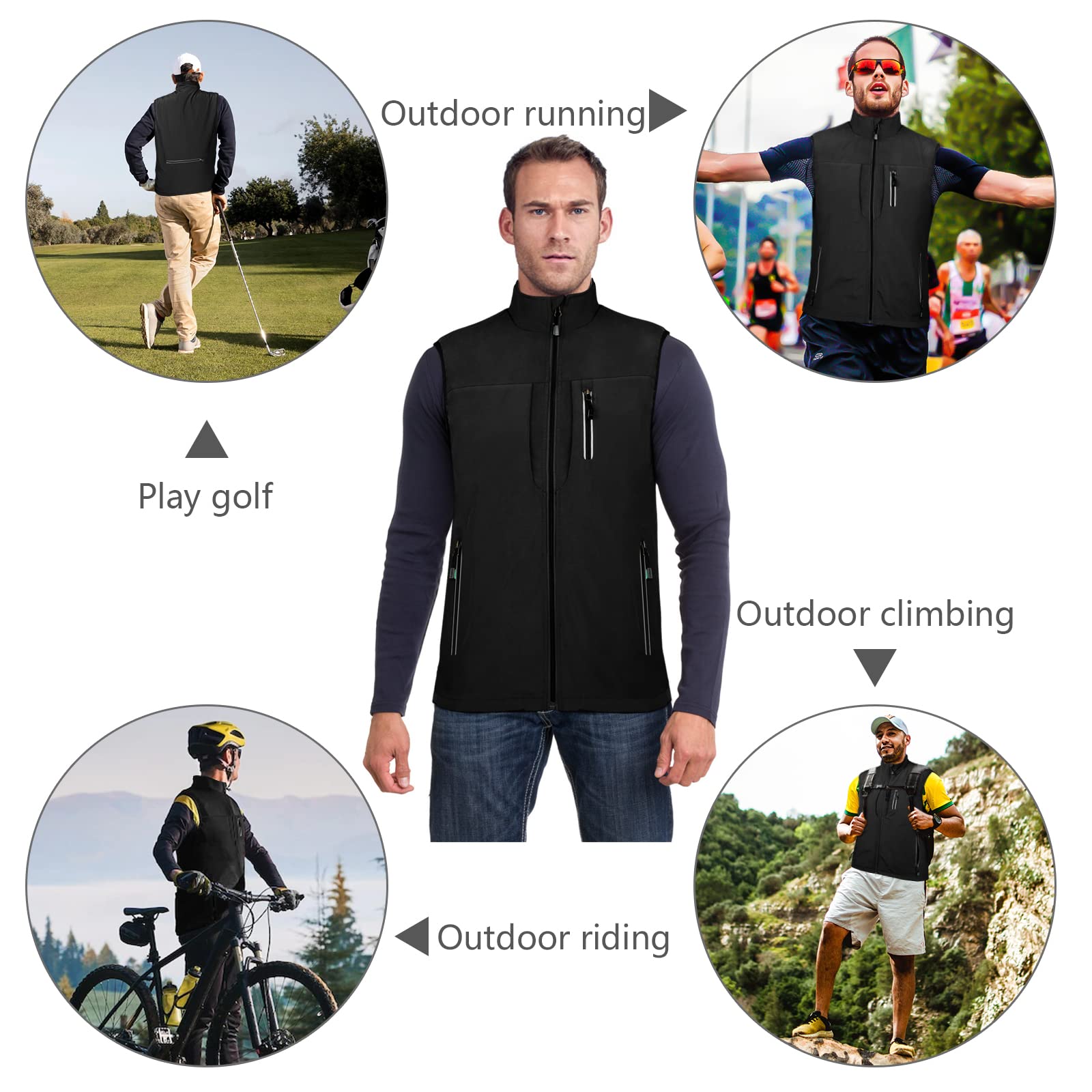 Clumor Men's Running Golf Vest Windproof Reflective Sports Outerwear Lightweight Softshell Short Sleeve Jacket for Cycling Hiking(3XL/Black