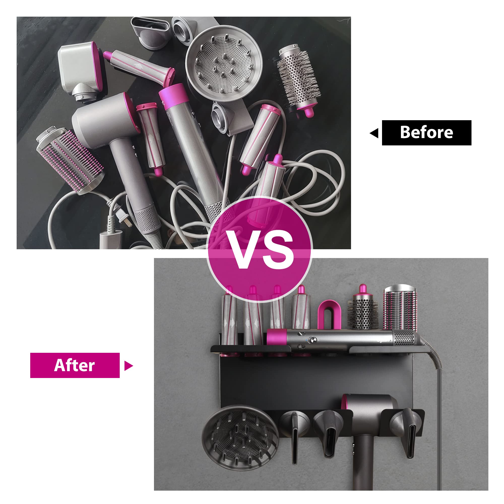 Kainasch Hair Dryer Holder for Dyson Airwrap, Magnetic Bracket Stand Storage Curling Iron Accessories Wall Mount Organizer with Screw/Adhesive, Non-Slip for Dyson Diffuser, Nozzle