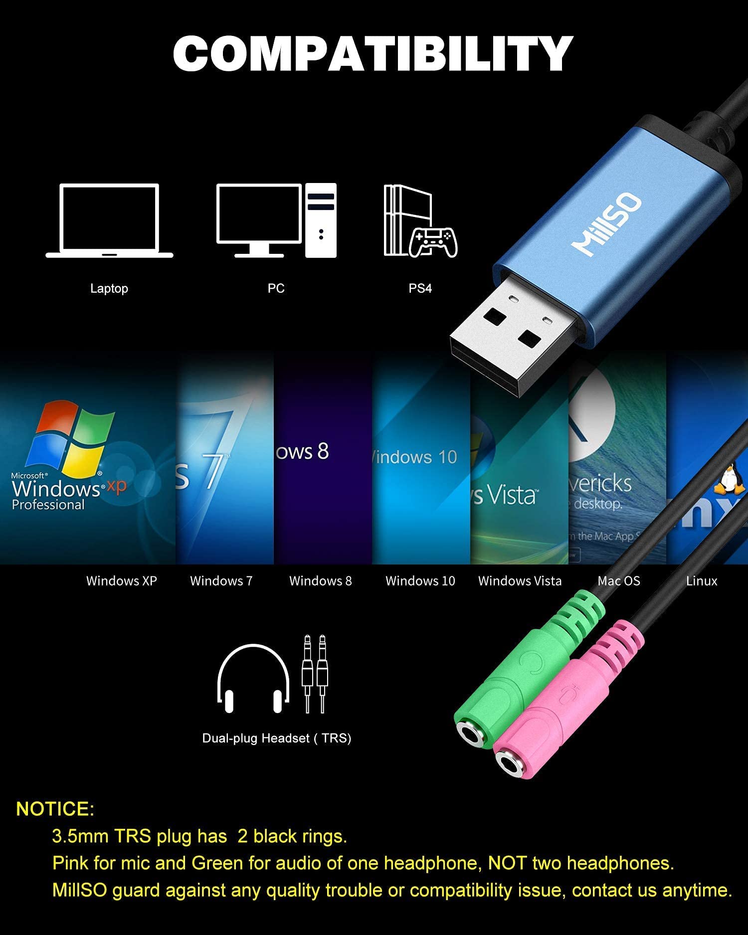 Bundle MillSO Headphone Mic Splitter, 3.5mm Headset Adapter 2 TRS Female to TRRS Male + MillSO USB External Sound Card Audio Adapter, USB to 3.5mm TRS Headphone and Microphone Stereo Jack Splitter