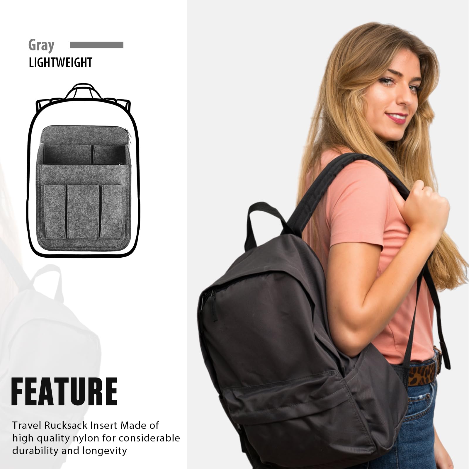 Clysee 2 Pcs Large Felt Backpack Organizer Insert Travel Rucksack Liner with Many Pockets Lightweight with Zipper(Black)