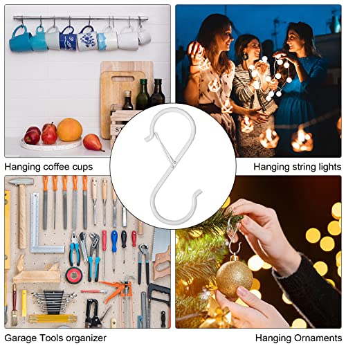 S Hooks Metal Safety Buckle S Shaped Hooks Stainless Steel S Hook Hangers Heavy Duty Anti-Falling S Hooks for Hanging Plants, Lights, Pot, Pans, Cups for Kitchen, 3.55 Inch (White,20 Packs)