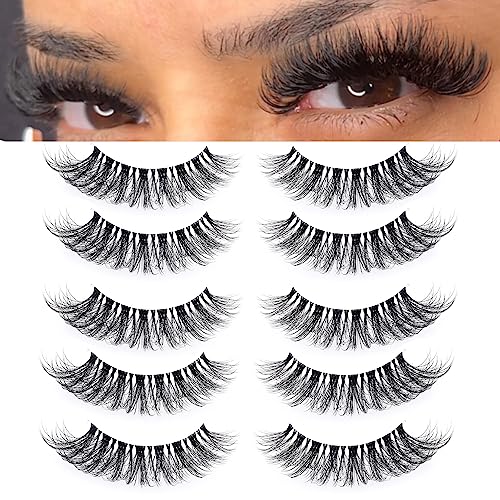 KSYOO D Curl 12-20mm Long Fluffy Mink Lashes, Clear Band Faux Mink Dramatic Curl Lashes that Look Like Lash Extension,Big Wispy Thick Volume strips lashes-5 Pairs (Clear Band V2)