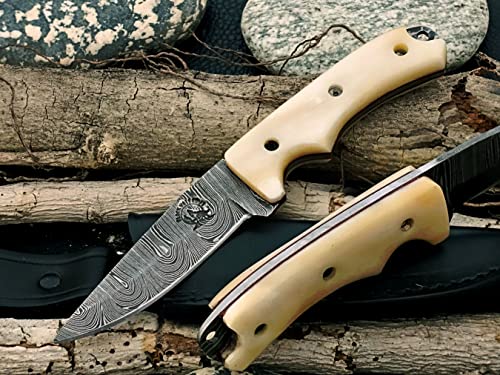 Custom Handmade Damascus Steel Hunting Knife Skinner knife Fixed Blade Knife 8 1/2'' Overall Camel Bone with Sheath BW-4145
