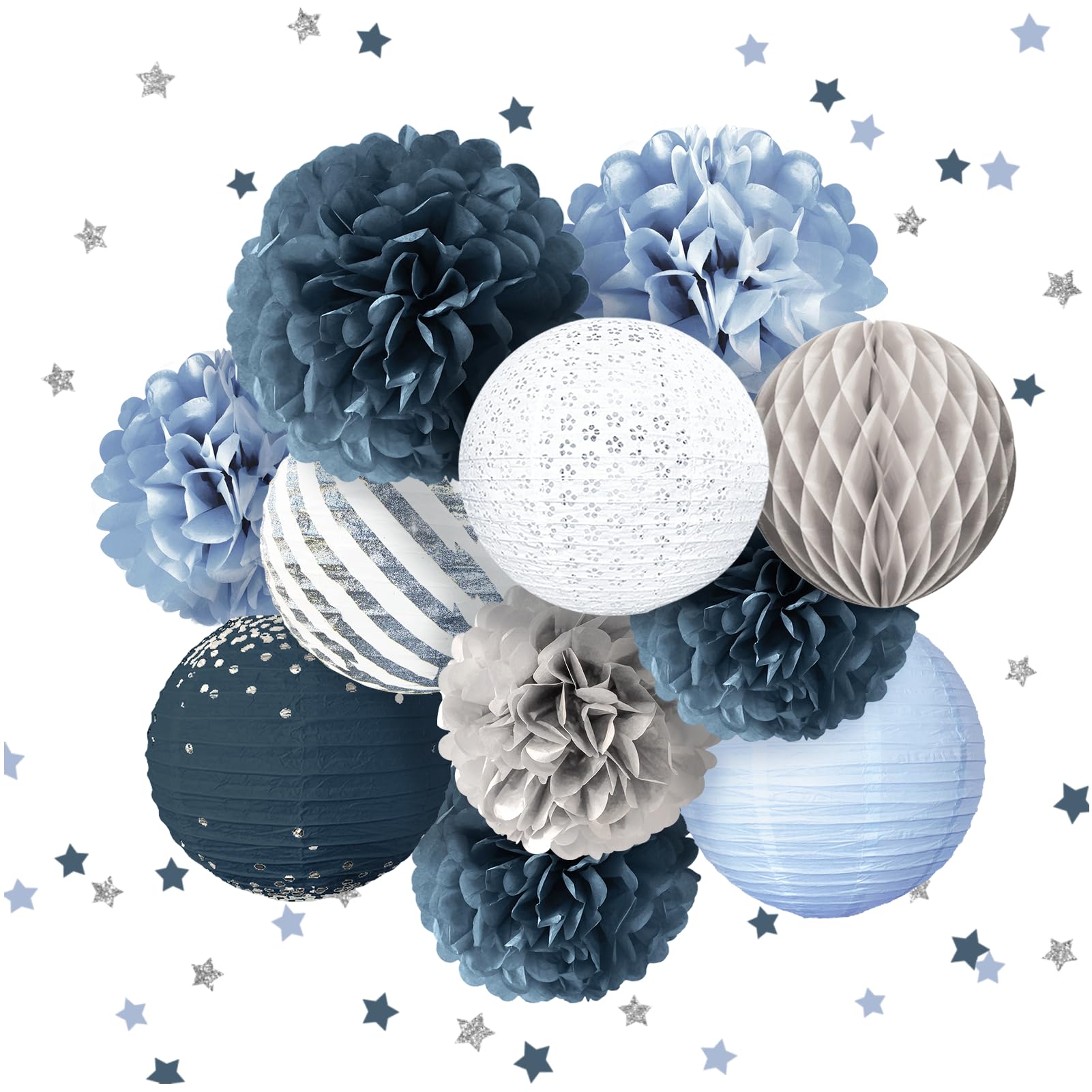 NICROLANDEE Wedding Party Decorations - 12PCS Dusty Blue Tissue Pom Poms Paper Lantern 50G Glitter Confetti Party Supplies for Romantic Wedding, Bridal Shower, Baby Shower, Birthday, Special Events