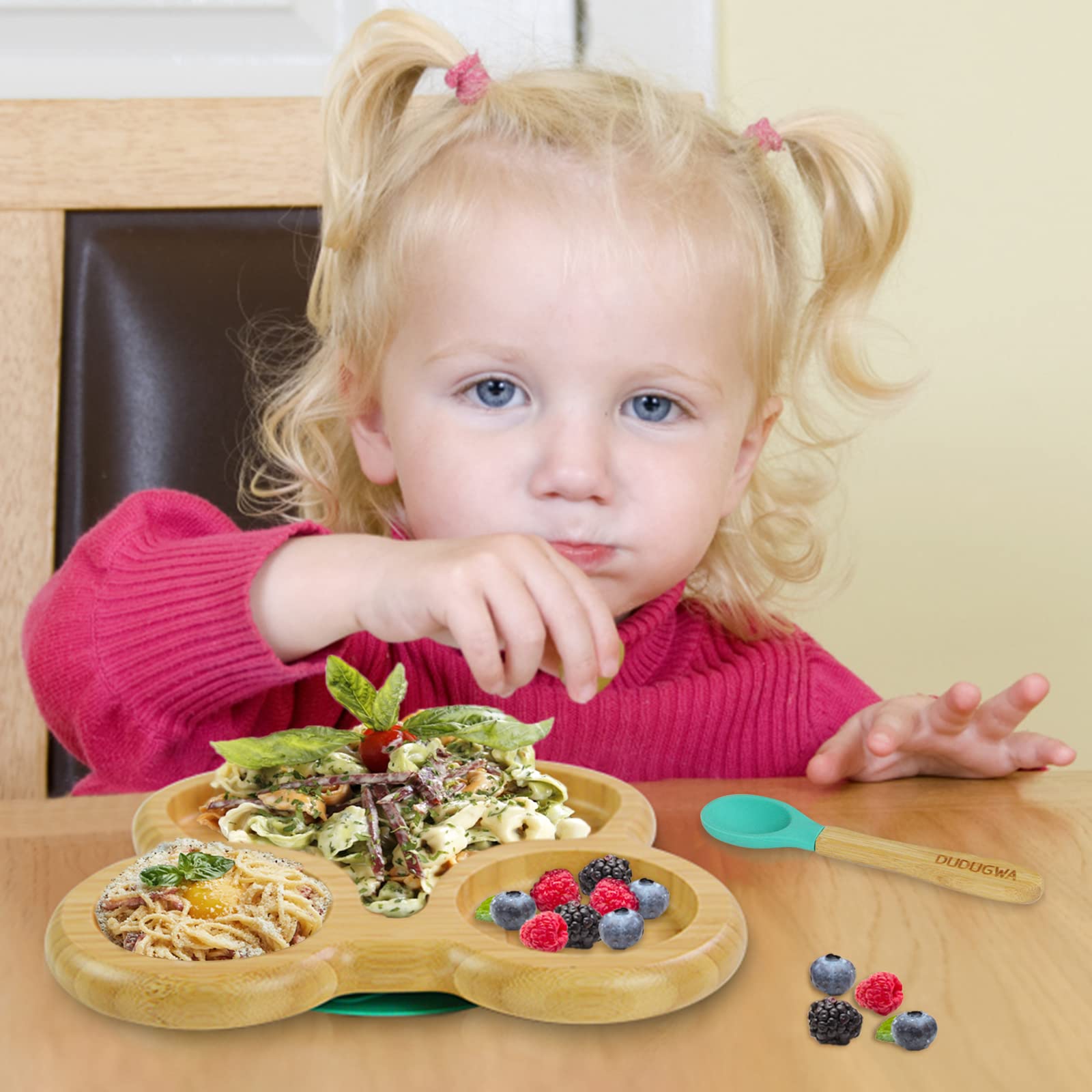 DUDUGWA Bamboo Baby Plates, Bamboo Suction Plates for Babies, Removable Silicone Suction Cup for Kids and Toddlers with Spoon, 6 Months and Older, Frog Plates