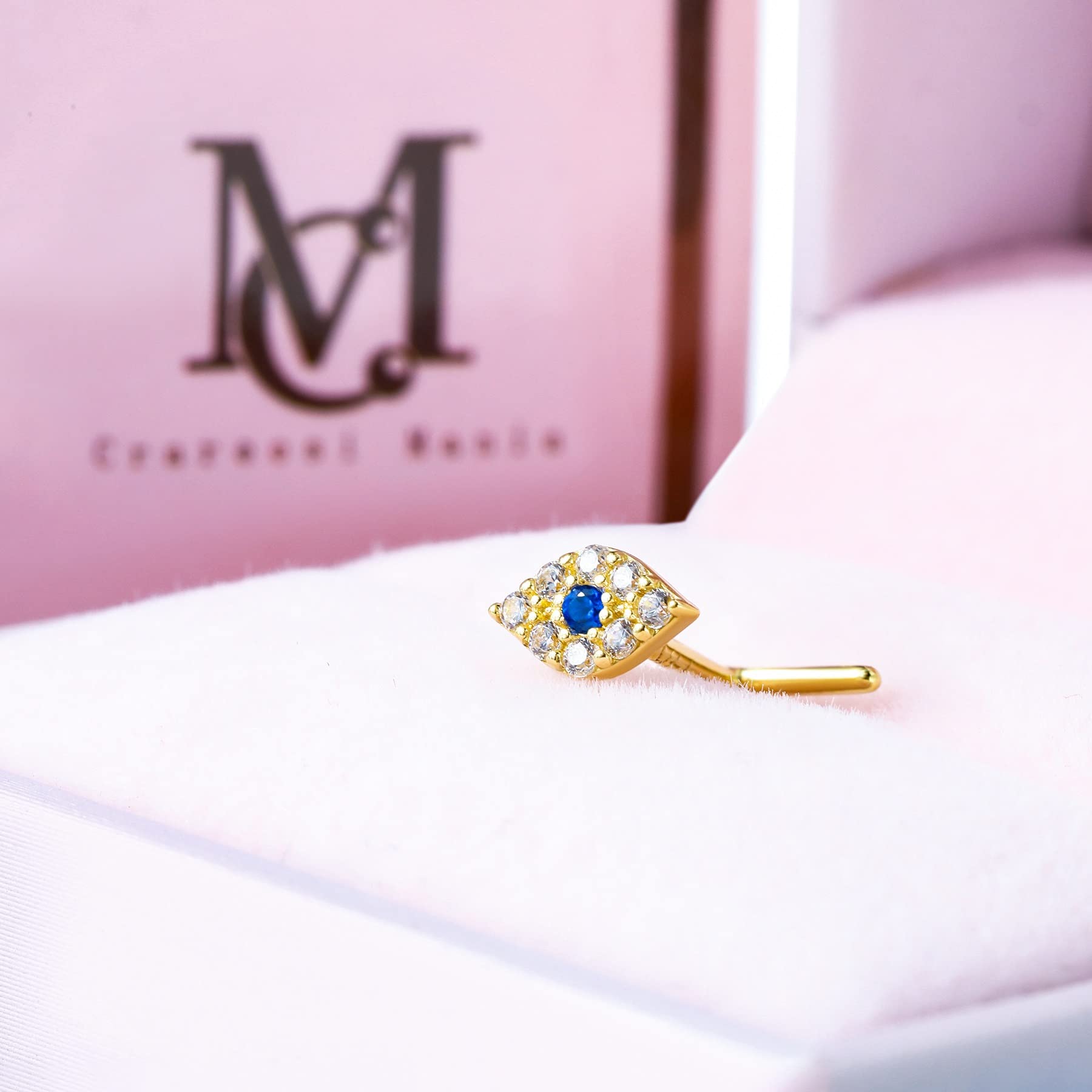CM Crareesi Mania 14K Gold Nose Ring 20Gauge EviL Eye Nose Studs 14k Solid Gold Nose Stud L Shaped Nose Rings Nose Piercing Jewelry