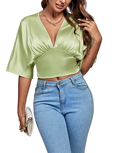 LYANER Women's Satin Deep V Neck Ruched Blouse Shirred Back Batwing Short Sleeve Crop Top Light Green X-Large