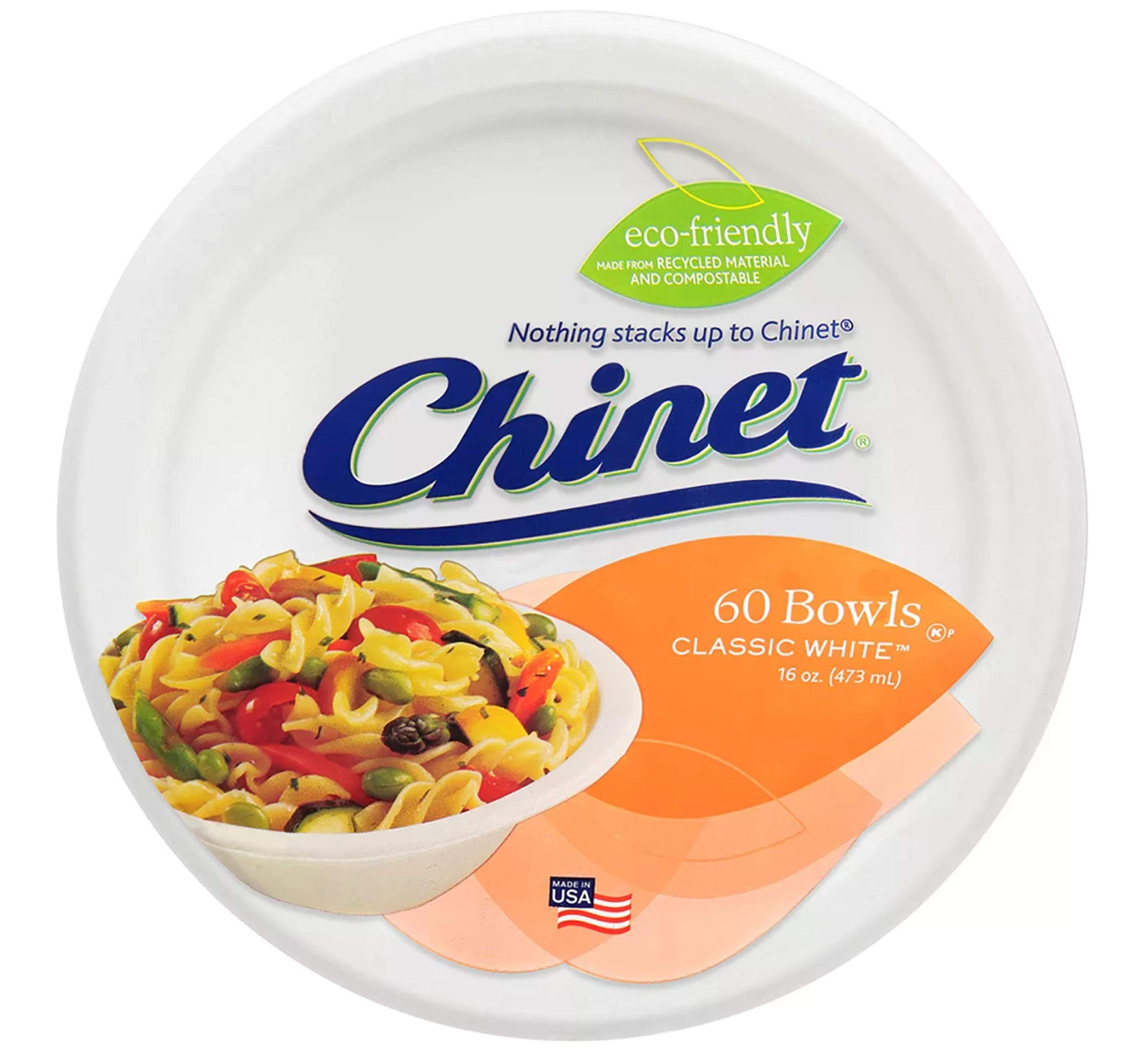 Chinet Classic Bundle - 60 Paper Bowls and 60 Paper Disposable Plates Combo - Classic White 16 Oz Bowls and All Occasion 8 3/4 Inch Classic White Plates