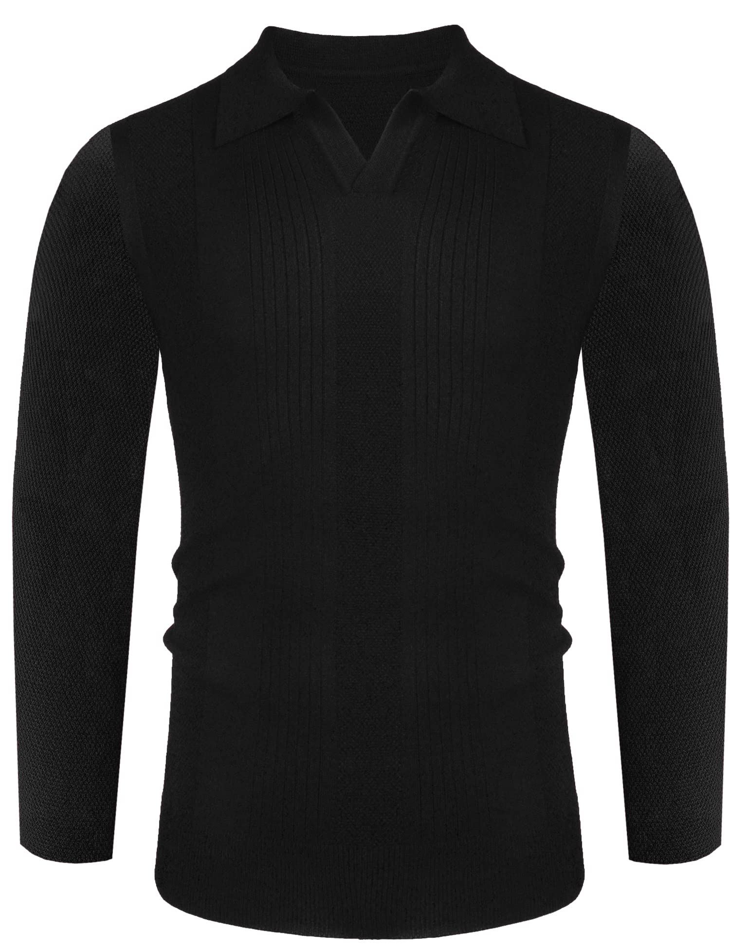 CHOMOLEZA Men's Slim Fit Knit Polo Shirt Long Sleeve Casual Basic Tee Stretch Golf Shirt Muscle Fit T-Shirt Black S