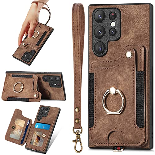 S22 Ultra Case,Card Holder Wallet for Galaxy S22 Ultra Case,Ring Holder Stand,RFID-Blocking,Wrist Strap,Camera Protector,Leather Protective Magnetic Flip Cover for Samsung S22 Ultra Case (Brown)