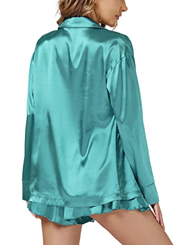 LYANER Women’s 3 Pieces Satin Cami Shorts Pajamas Rope Set Crop Sleepwear Lingerie Loungewear Set Turquoise Medium