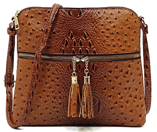 Ostrich Croc Tassel Zipper Pocket Crossbody Bag Animal Pattern Printed Shoulder Bag Womens Purse Satchel (#A-Light Brown)