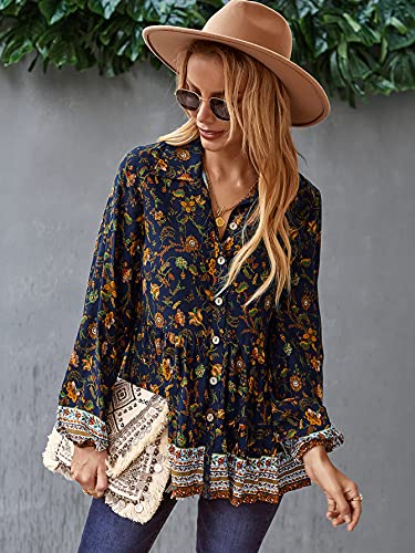 KAYWIDE Women's Casual Boho V Neck Top Loose Floral Printed Long Sleeve Beach Shirts Blouses (036-Blue, Large)