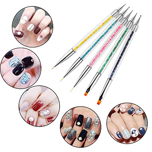 iFwevs Nail Art Brushes,5pcs Double Ended Brush & Dotting Tool Kit,Including Nail Liner Brush and Nail Dotting Pens for Nail Art Nail Salon