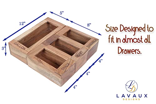 Lavaux Designs acacia wood Ziplock bag organizer Set of 4 boxes | Compatible with Ziploc, Solimo, Hefty, Glad for gallon, quart, sandwich bags & snack size ziplocks | kitchen organization and storage