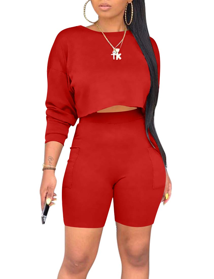 cailami Women's Summer 2 Piece Outfits Workout High Waist Biker Shorts Sets with Pockets, Medium, Red