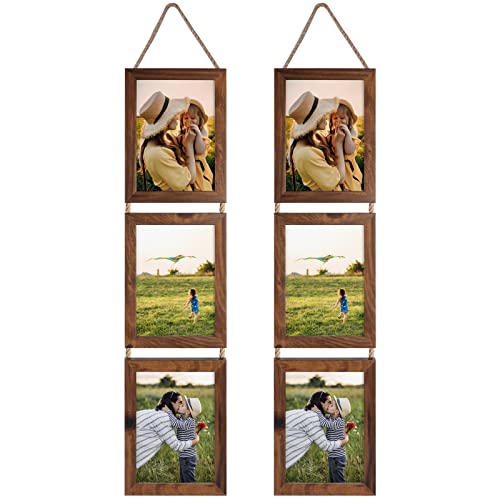 Lavezee 5x7 Collage Triple Picture Frames Set, Walnut Brown 6 Opening Hanging Vertical Frame Made to Display 5 by 7 Inch Photo Print for Wall Decor