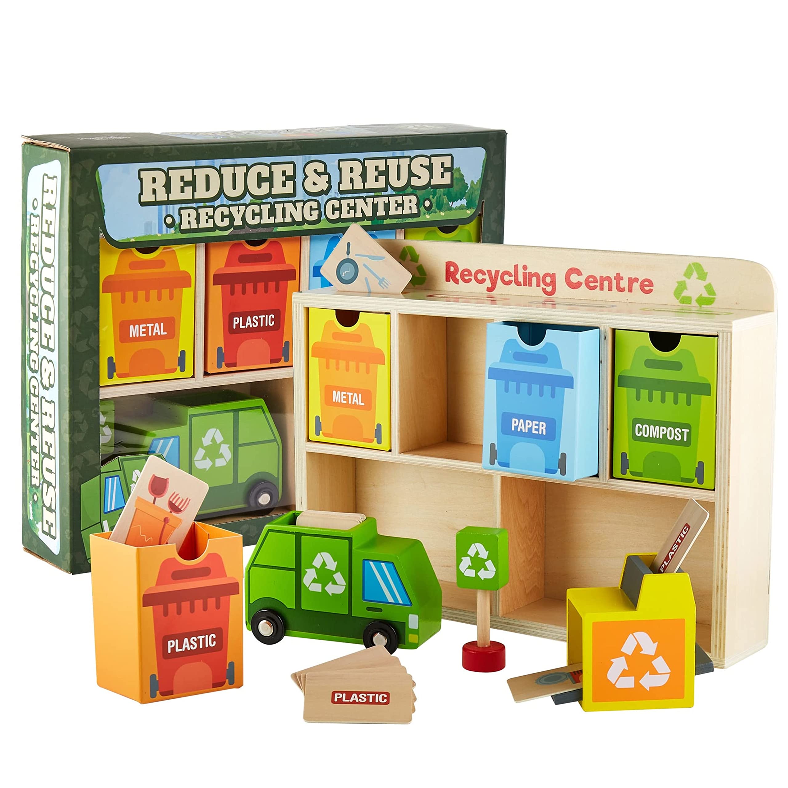 Reduce & Reuse Recycling Center Playset | Wooden Green Garbage Truck Toy, Sorting Bins, and Accessories | Safe, Natural Materials For Environmental Learning, Fine Motor Skills, and Play | 24 Pieces