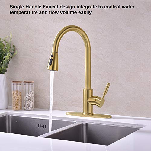 Fonveth Kitchen Faucet,Brushed Gold Kitchen Faucet with Pull Down Sprayer, Single Handle High Arc Pull Out Kitchen Sink Faucet, Single Hole Kitchen Faucet with Deck Plate,Upgrade Brushed Brass