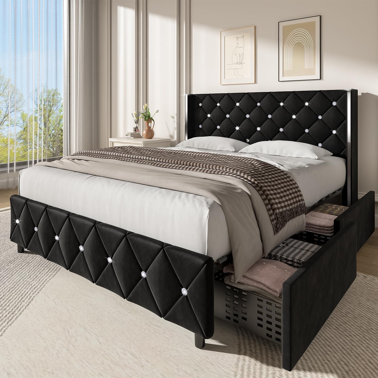 HOMBCK Queen Bed Frame with 4 Storage Drawers,Upholstered Bed Frame with Diamond Headboard and Footboard, Black Velvet Bed Frame with Wingback, Solid Wood Slats, Black