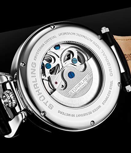 Stührling Original Mens Skeleton Watch Dial Automatic Watch with Calfskin Leather Band and - Dual Time, AM/PM Sun Moon