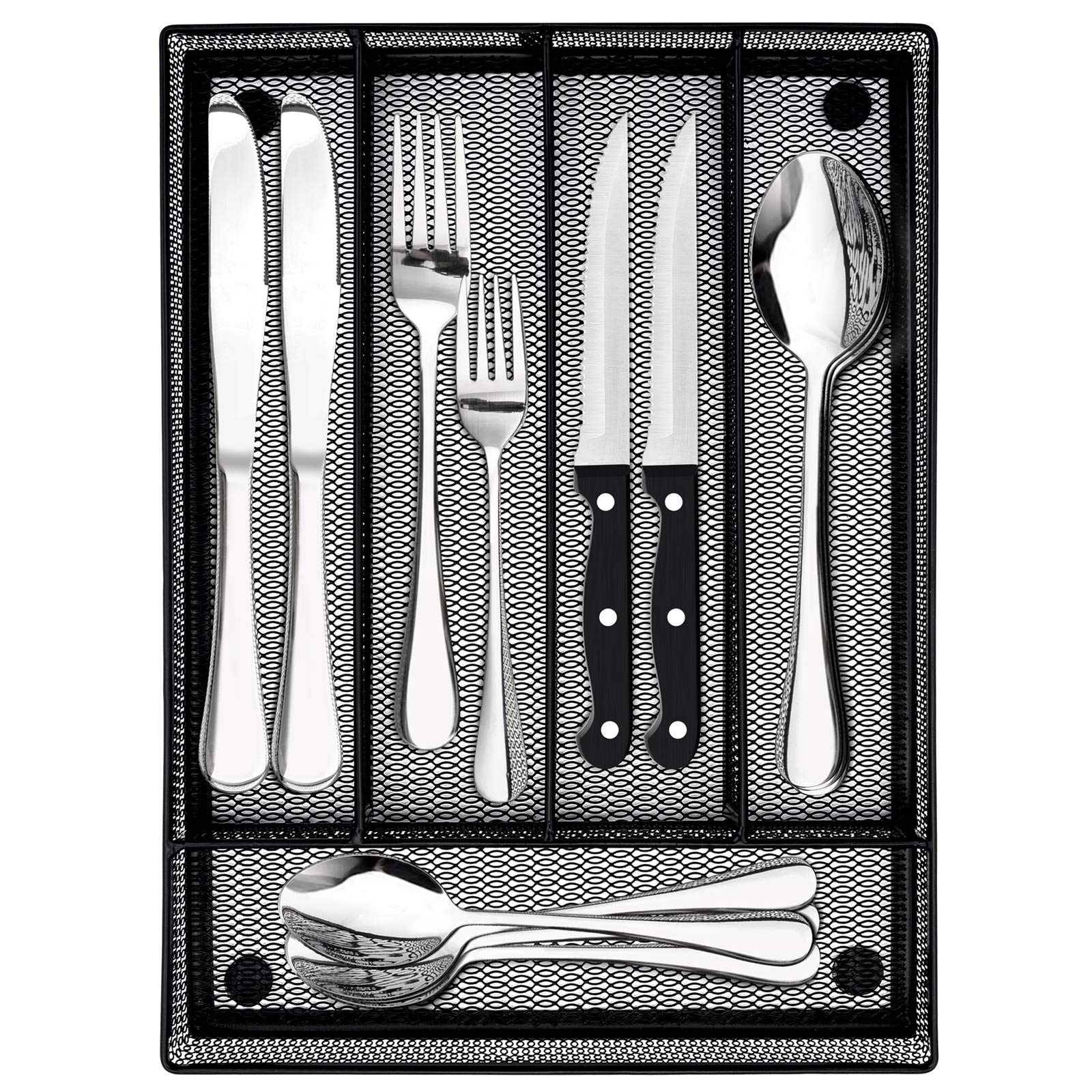 LIANYU 24-Piece Silverware Set with Steak Knives for 4, Plus Drawer Organizer, Stainless Steel Flatware Cutlery Set, Modern Eating Utensils Tableware Include Forks Sppons Knives, Dishwasher Safe