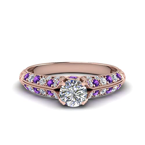 CustomizedGifts 2 Row Milgrain Diamond Ring rose gold plated Natural Amethyst Round shape purple color Vintage Engagement Rings bezel Setting in Size 12 Party Wear Daily Wear Ornament